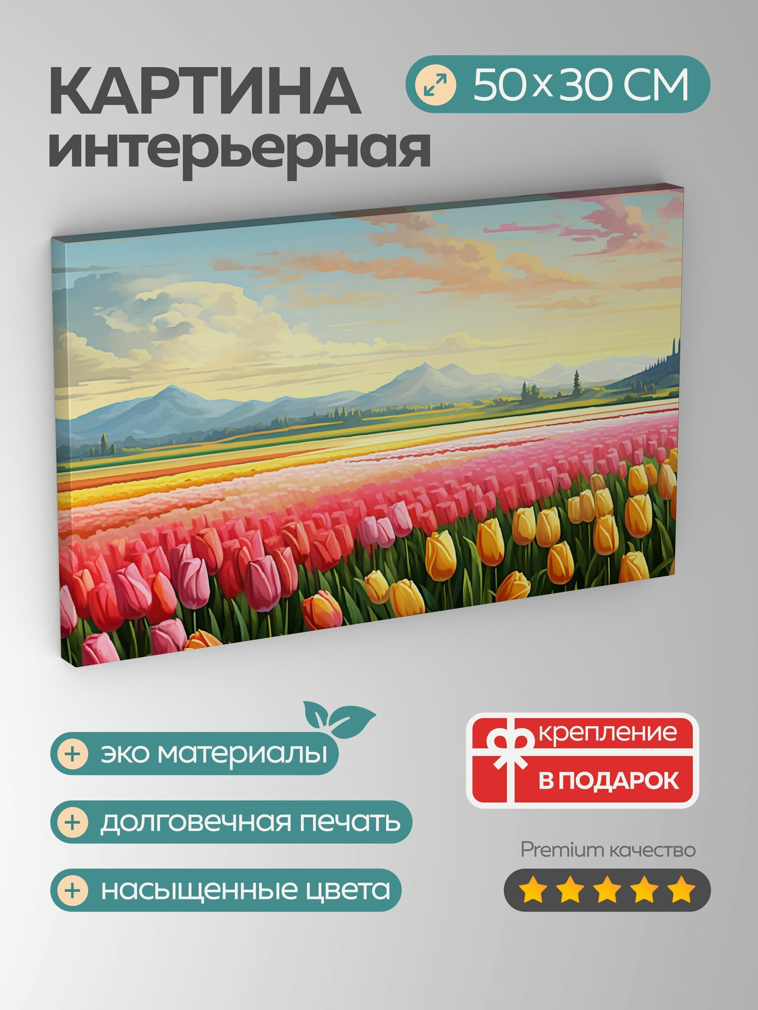 Картина на холсте интерьерная 50х30 см, тюльпаны, поле, цвет, Золотой век Голландии, разноцветные, горизонт, природа
