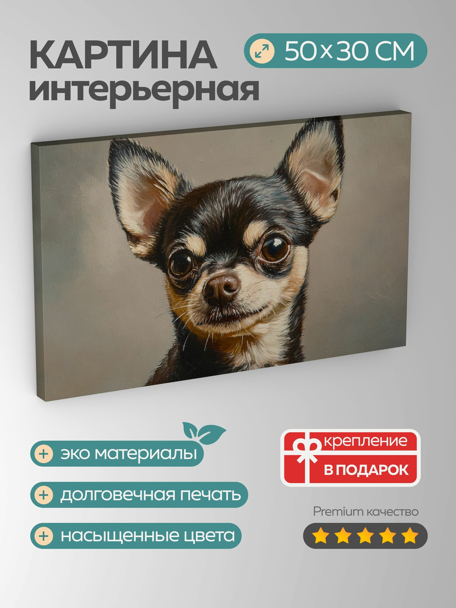 Картина на холсте интерьерная 50х30 см, Шерсть, мех, чихуахуа, масло, реализм, текстура, блеск, лицо, фон, масштаб