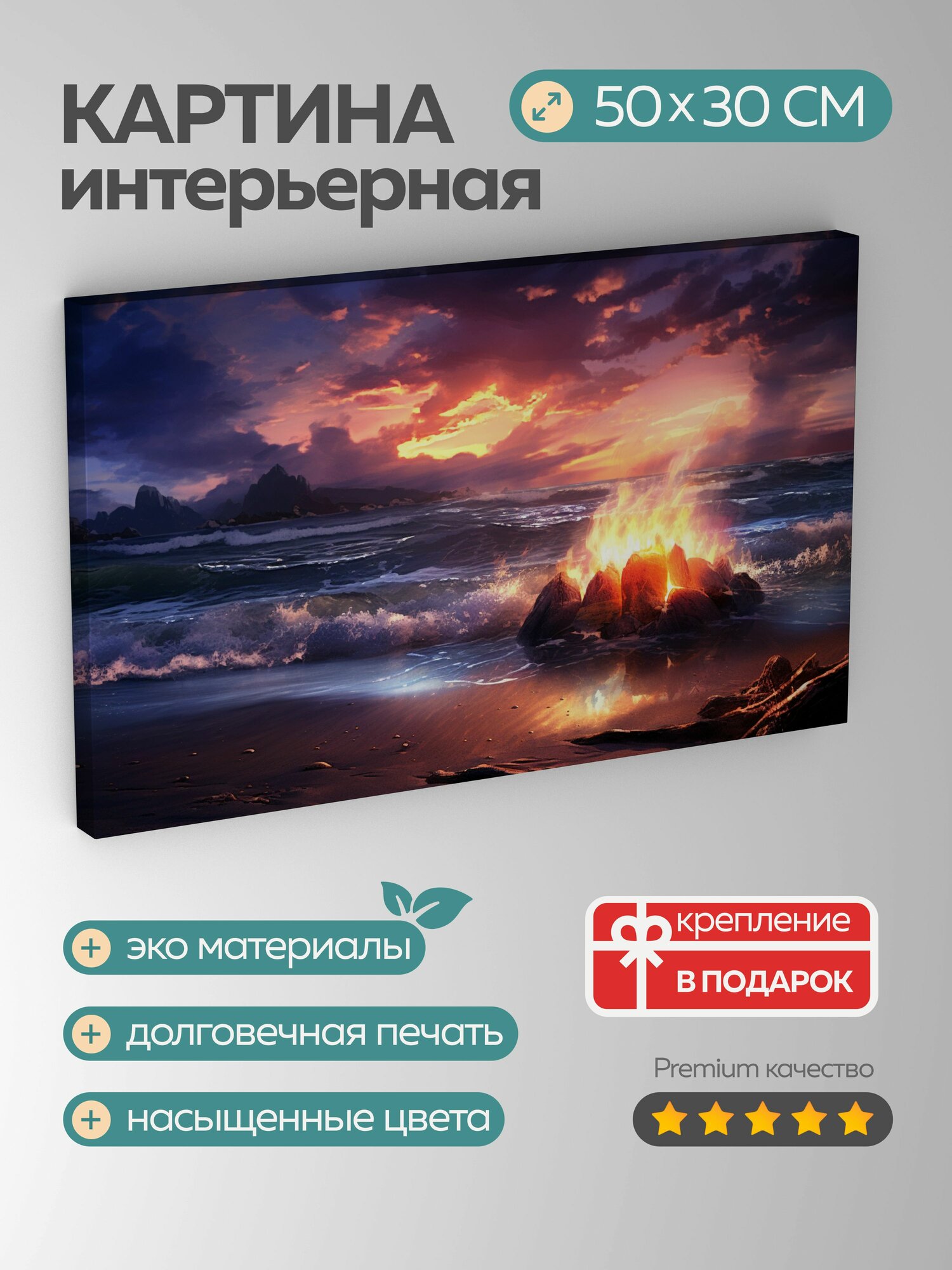Картина на холсте интерьерная 50х30 см, костер, пляж, сумерки, пламя, потрескивание, искры, темнеющее небо, отражение