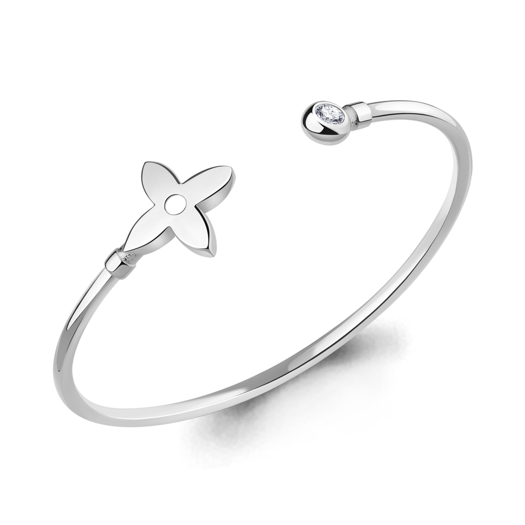 Жесткий браслет, серебро, 925 проба, родирование, фианит