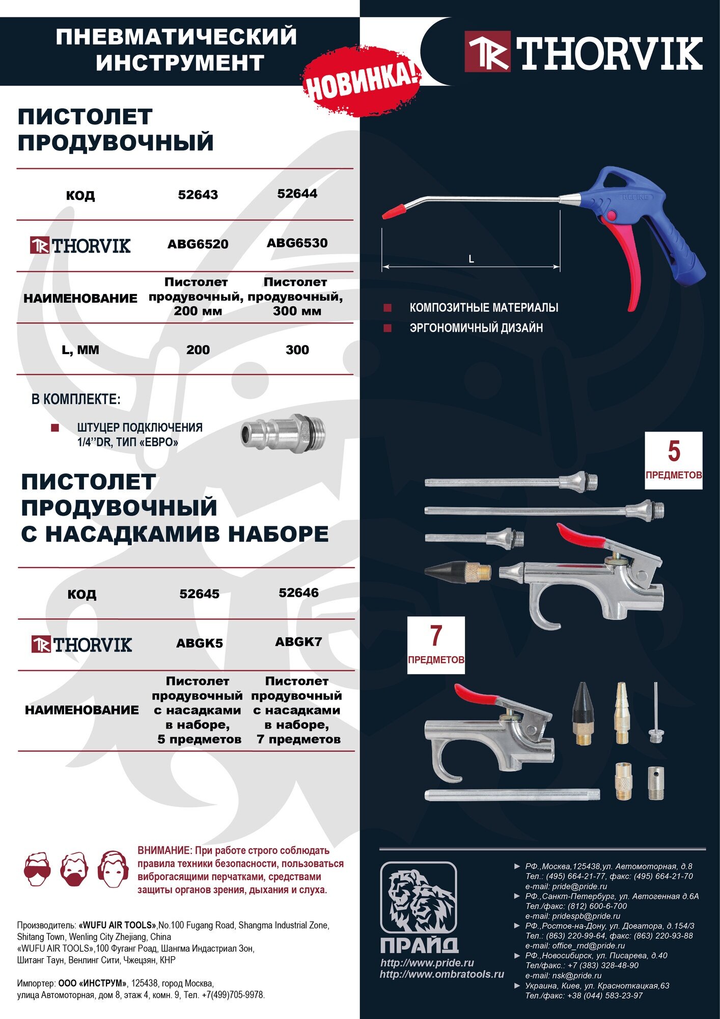 Продувочный пистолет Thorvik 300мм, для грузовых, легковых автомобилей, мототехники