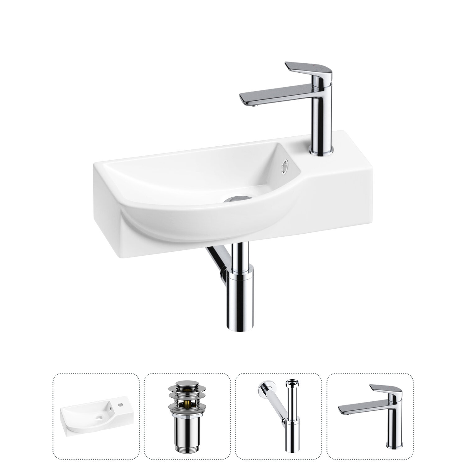 Подвесная или накладная раковина в ванную комнату Lavinia Boho Bathroom Sink 20216113R в наборе 4 в 1: раковина 45 см в цвете белый глянец, донный клапан, сифон, смеситель
