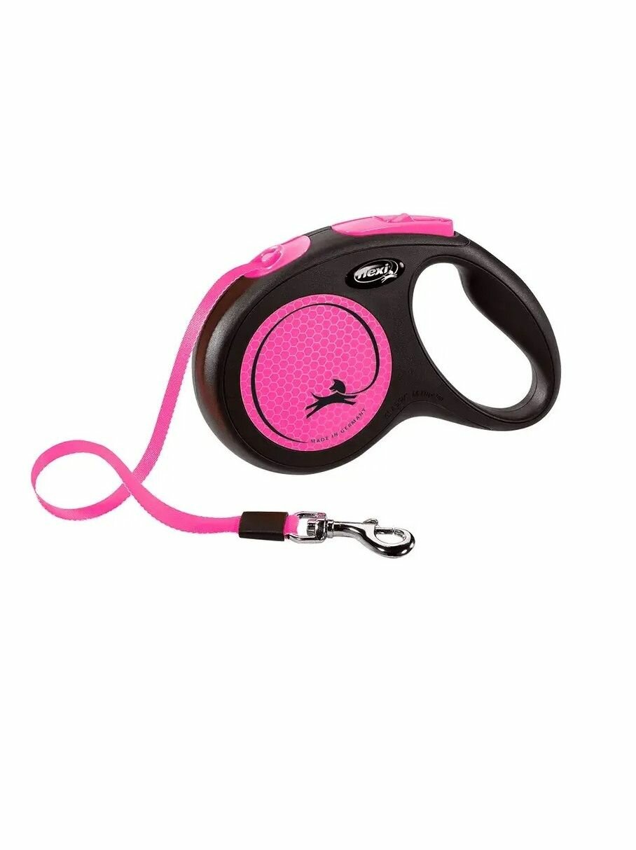Flexi Рулетка New Neon S 5м до 15кг (ремень) черная, неон розовый