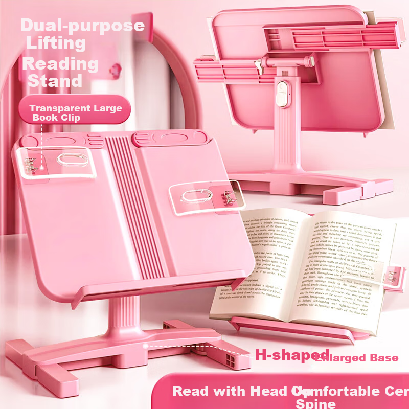 Reading Stand for Children's Books with Adjustable Height, Student Learning Desk Bookshelf, Book Holder for Fixing and Stretching, Essential for Back to School, Pink
