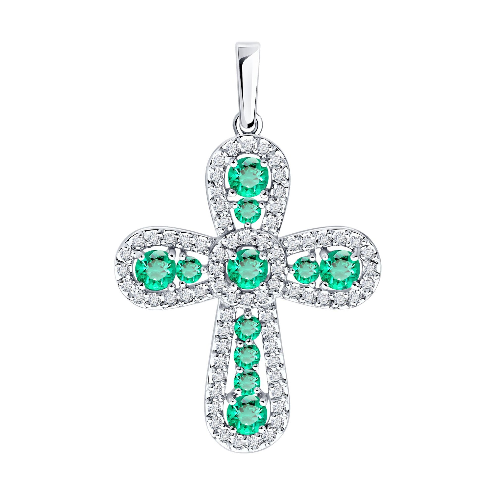 Крестик, белое золото, 585 проба, бриллиант, изумруд