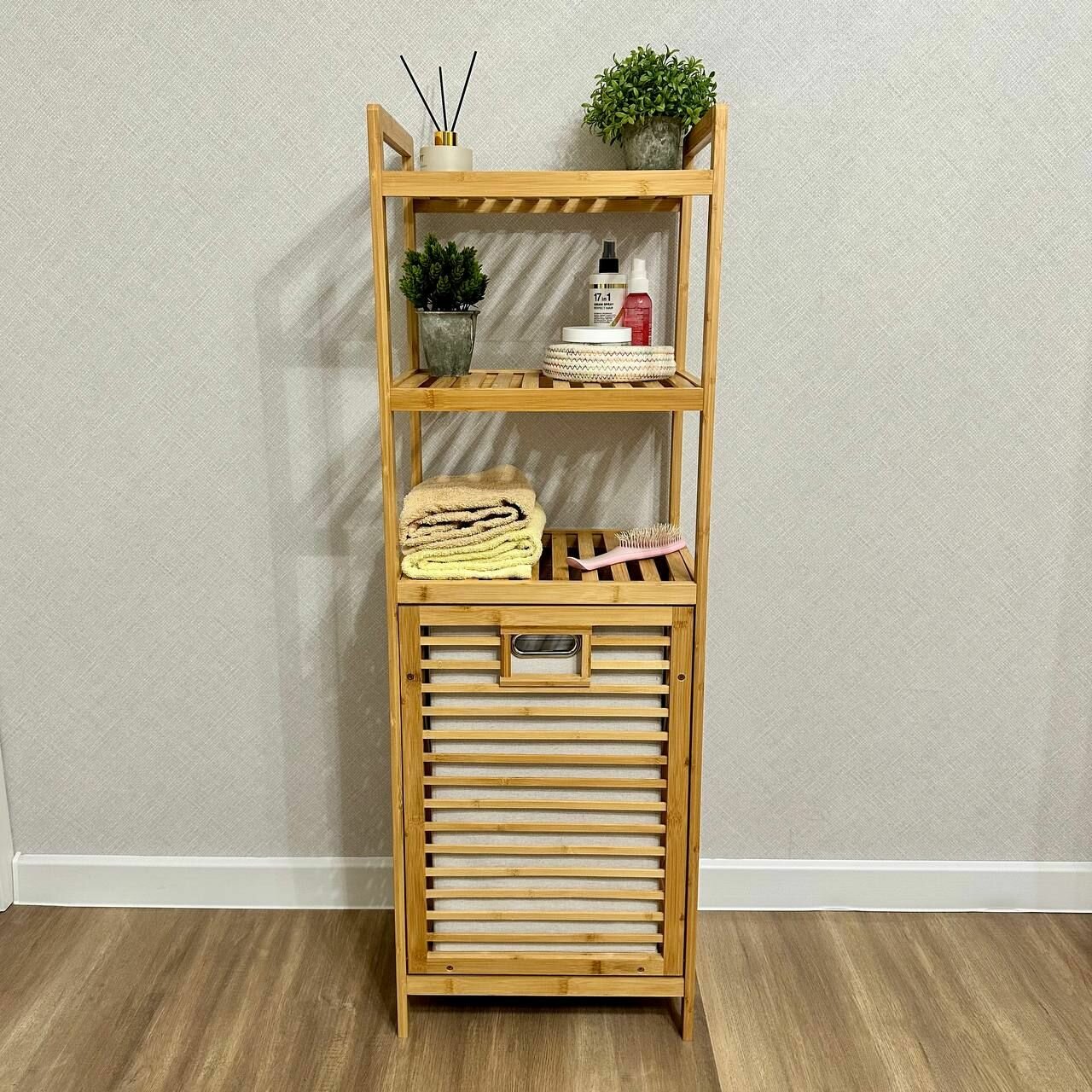 Стеллаж для ванной, бамбук, 40 см x 30 см x 120 см, с корзиной