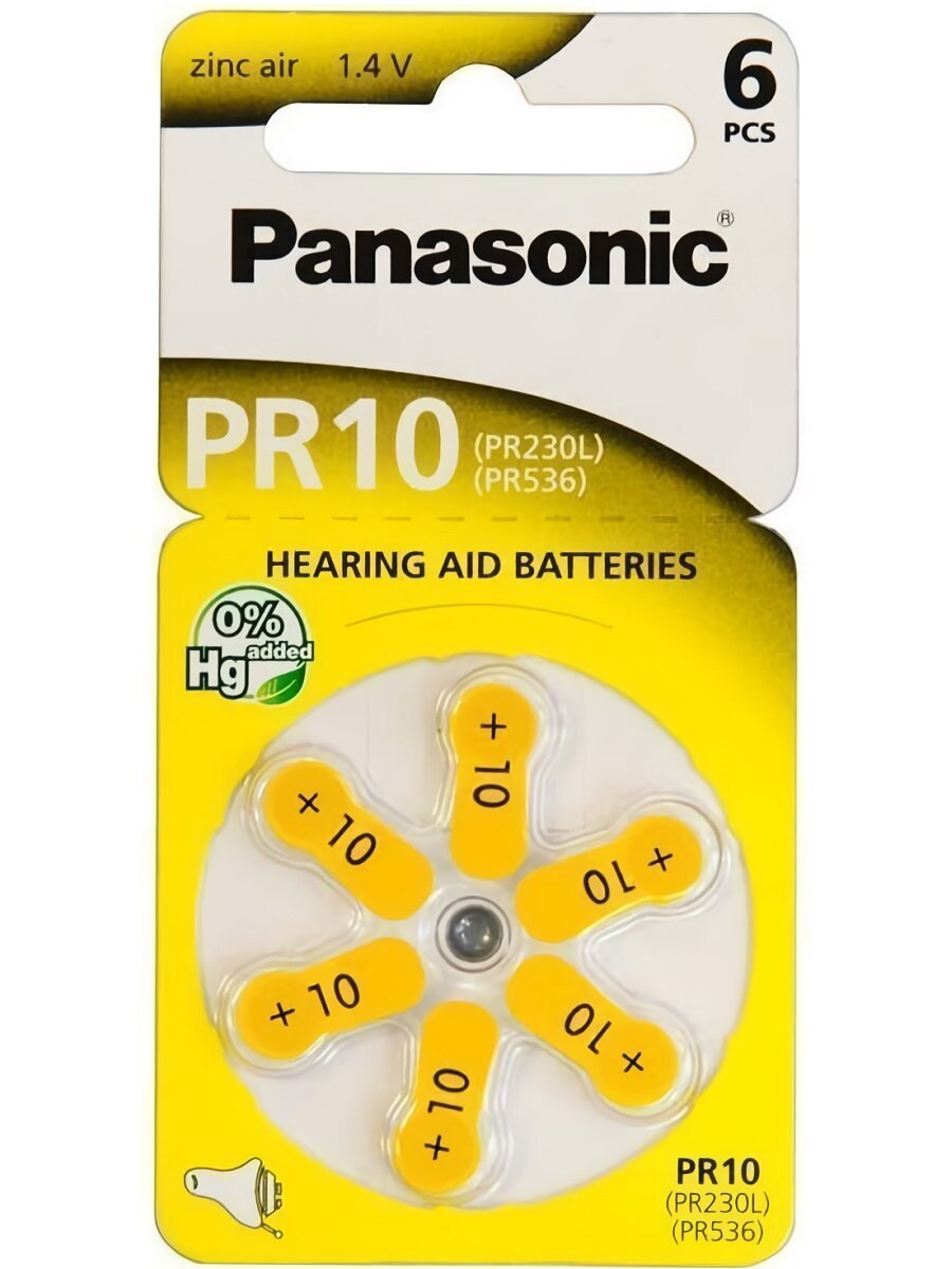 Батарейка Panasonic Zinc-Air PR10 BL6, PR-10(230)/6LB (напряжение: 1,4 В, емкость: 50 мА·ч)