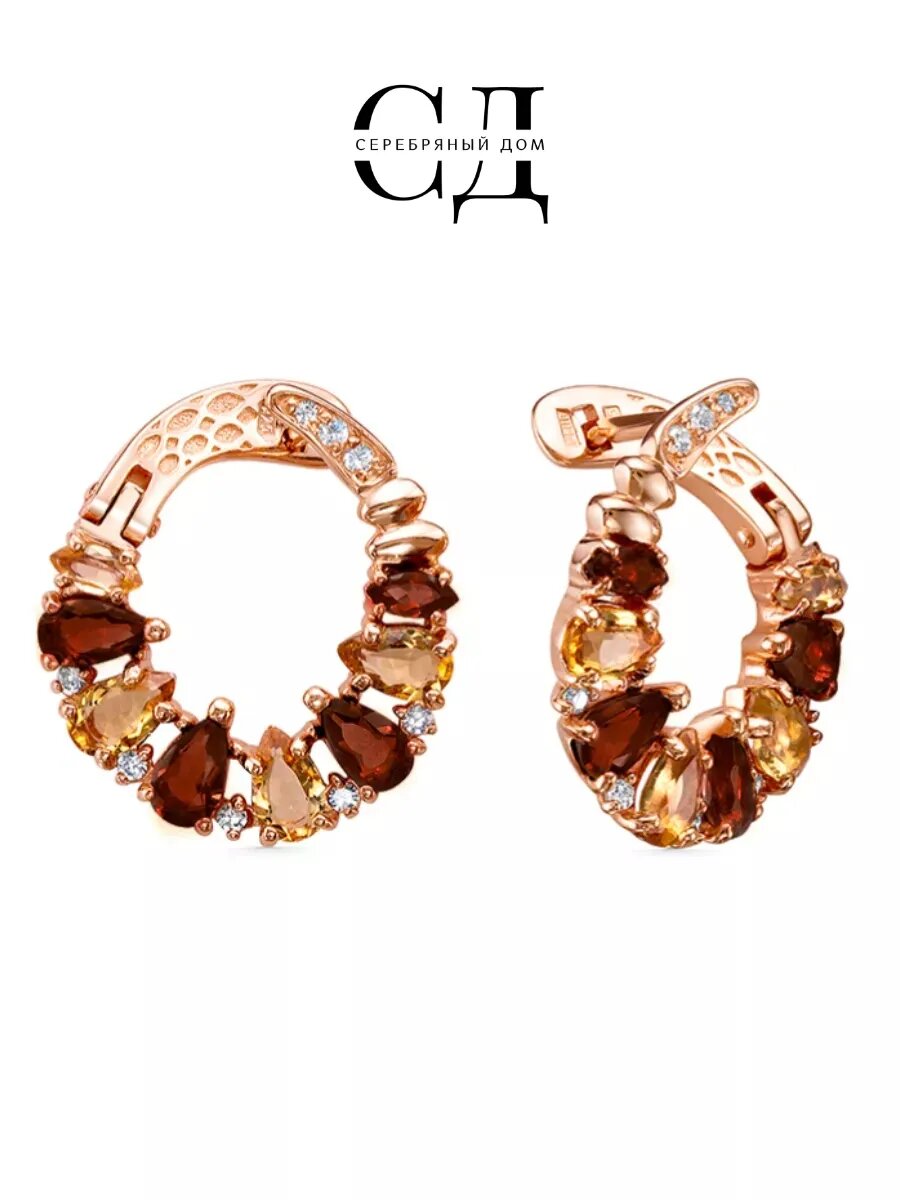 Серьги, серебро, 585, 925 проба, золочение, фианит, гранат, цитрин