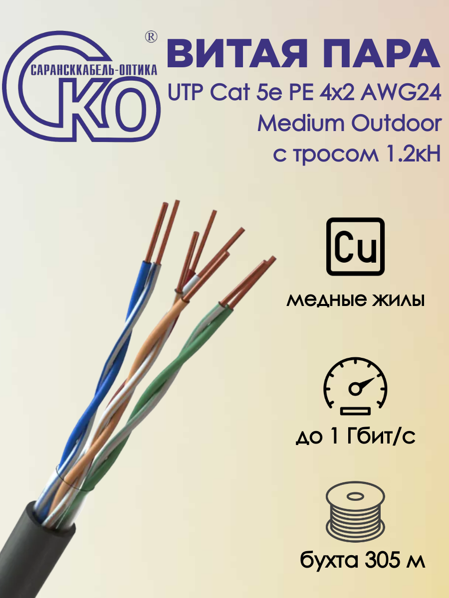 Витая пара LAN-кабель СКО UTP, медь, Сat 5e, 8 жил, уличный, с тросом, Medium, 305 м