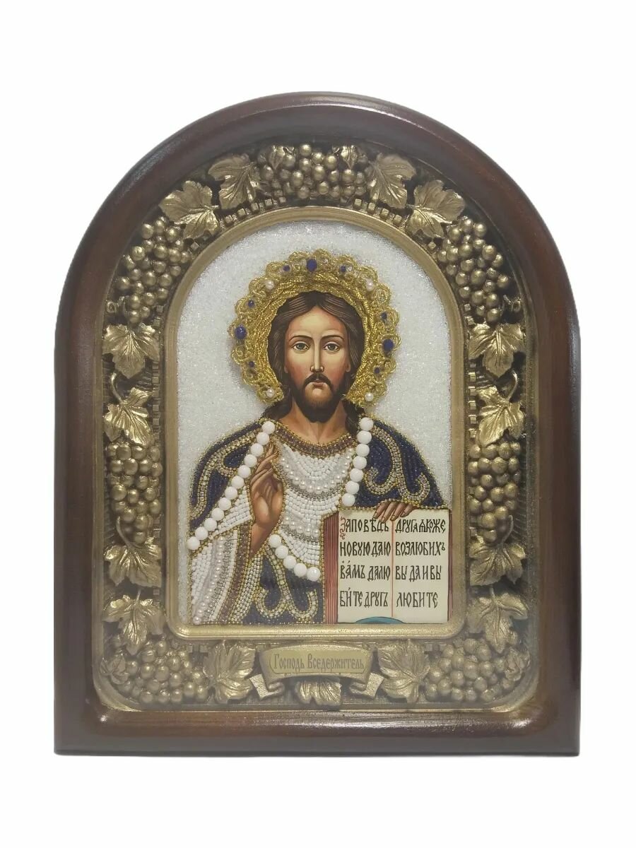 Икона Господь Вседержитель бисер, под стеклом, киот, 29х23 см
