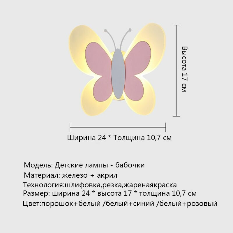 Детский настенный светильник-бабочка, розовый, для детской, ночник, мягкий свет — фото 1