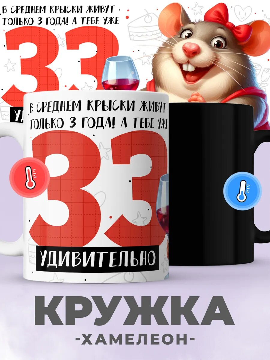 Кружка от jojomojo хамелеон с приколом крыса, подарок на 33 года, 330мл, керамическая
