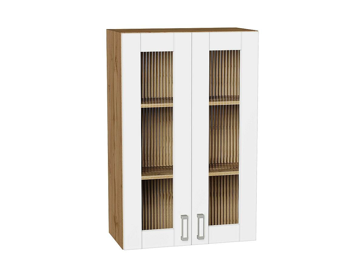 Шкаф верхний с 2-мя остекленными дверцами Лофт, цвет фасада White Silk, цвет каркаса Дуб Вотан, стекло Magic Moru V, 920*600*320 мм