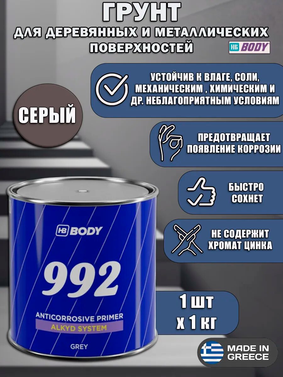 Антикоррозийный грунт BODY 992 HB, быстросохнущий, для автомобиля, серый, 1кг
