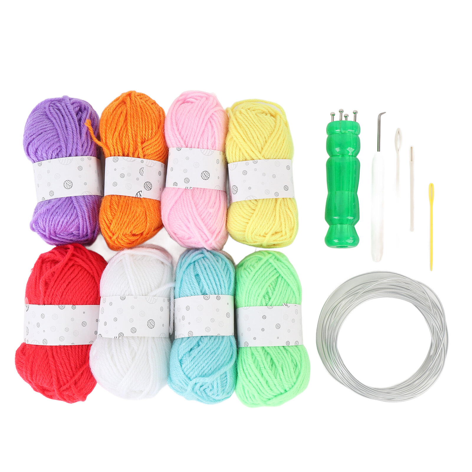Набор для французского вязания: прозрачная зеленая катушка с алюминиевой проволокой, крючок, спицы, набор из 8 хлопковых ниток для рукоделия