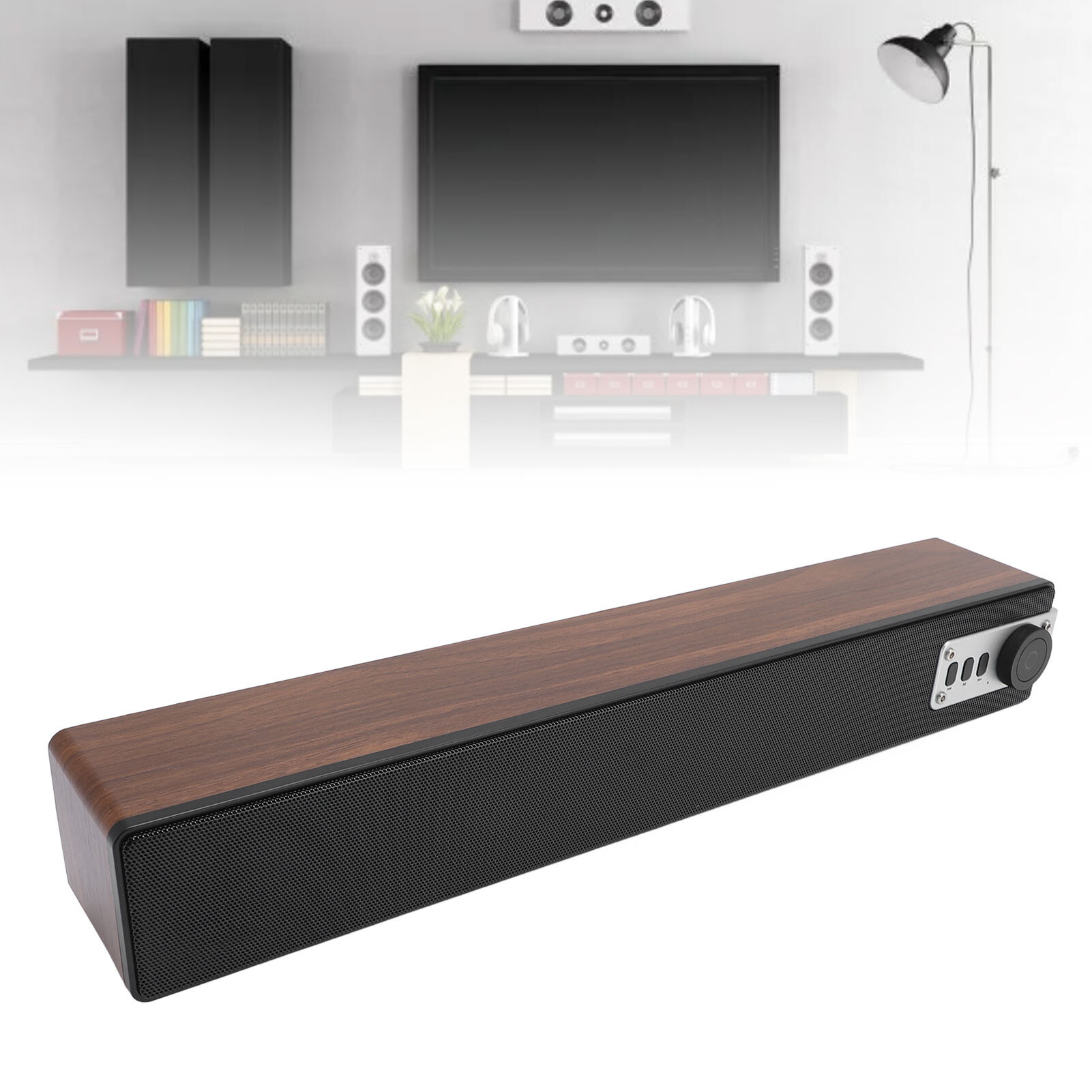 Портативный Bluetooth Soundbar с двумя динамиками, компактный многофункциональный телефон, планшет, ноутбук, компьютер Soundbar для кабинета, дома, темно-коричневый цвет дерева