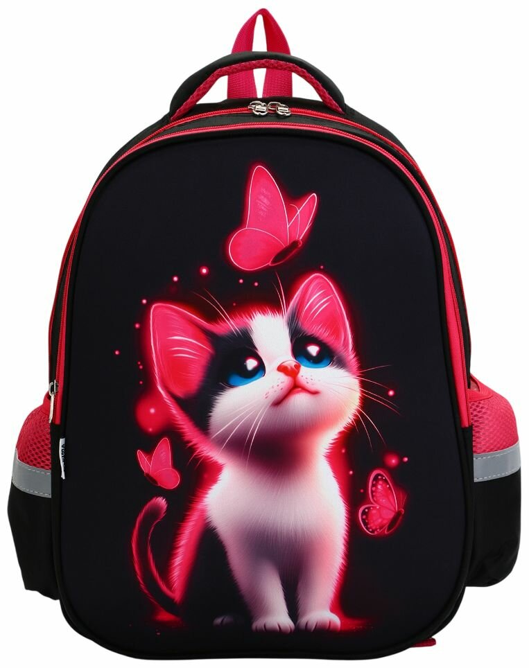 Школьный каркасный рюкзак для девочки "Котик" с эргономичной спинкой, ранец с двумя отделениями и светоотражающим элементом, детская сумка для школы, 39х30х14 см