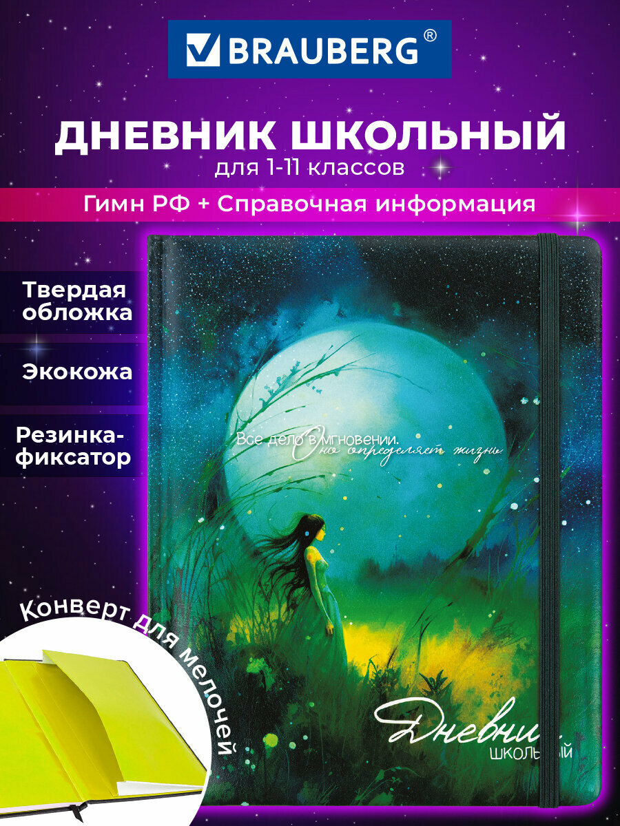Дневник школьный для девочек 1-11 класс, канцелярия в школу, 48 листов, твердая обложка кожзам с поролоном, резинка, Brauberg Мечты, 106949