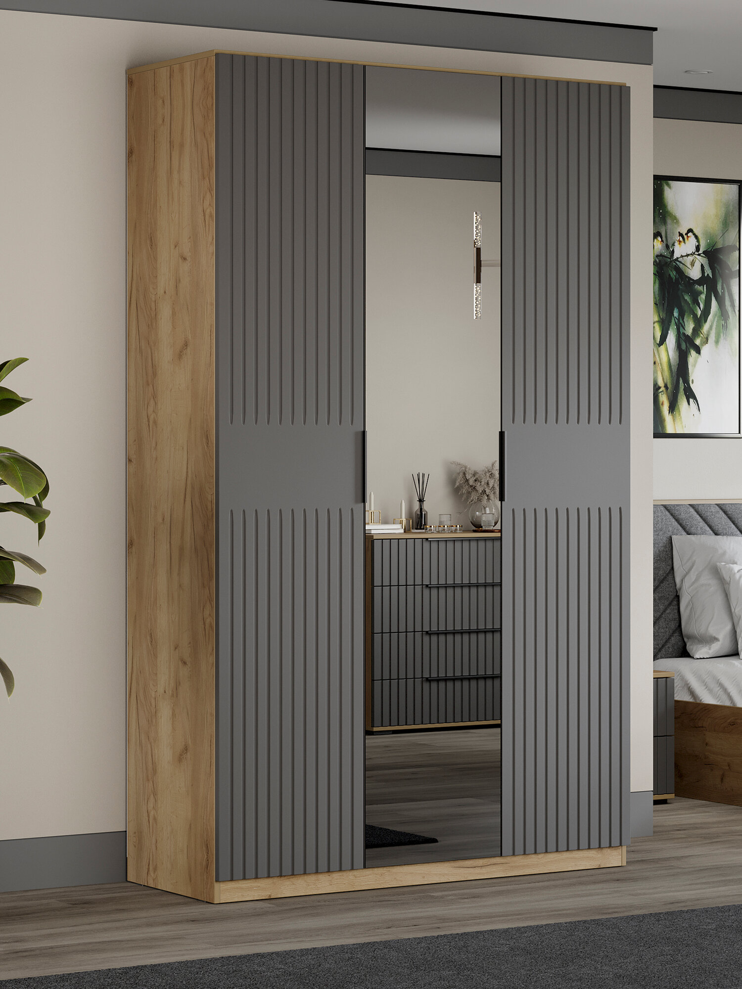 Шкаф для одежды распашной , с полками и штангой Хилтон (Дуб Крафт золотой/Графит матовый)