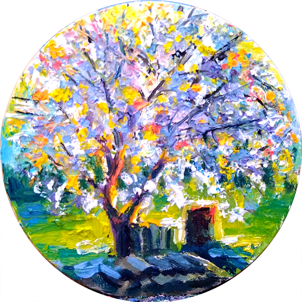 Этюд маслом на круглом холсте на подрамнике "Цветущая вишня"