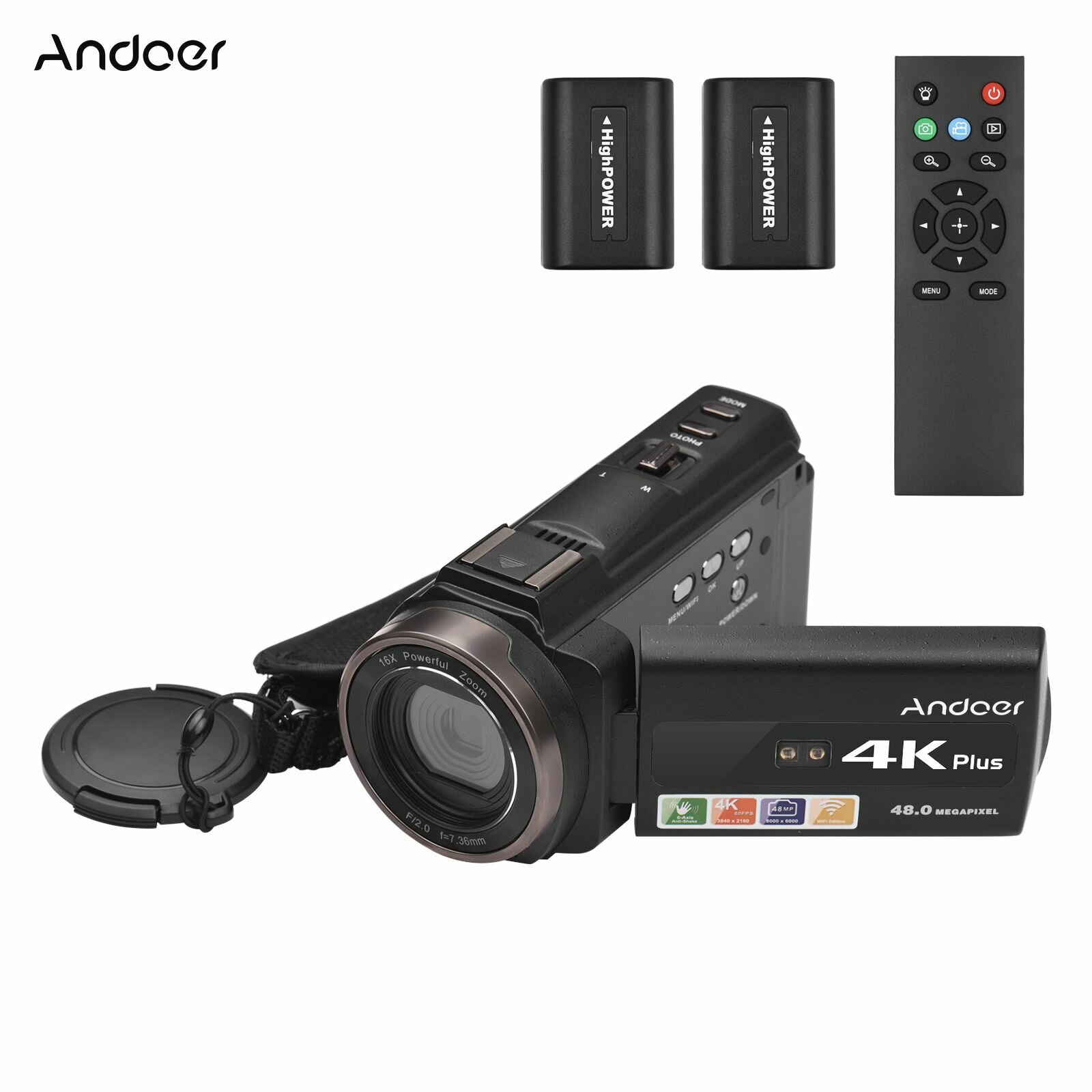 Цифровая видеокамера Andoer 4K/60FPS, 48MP, WiFi, 16X зум, ИК ночное видение, 3 дюймовый сенсорный экран, 2 аккумулятора и пульт ДУ