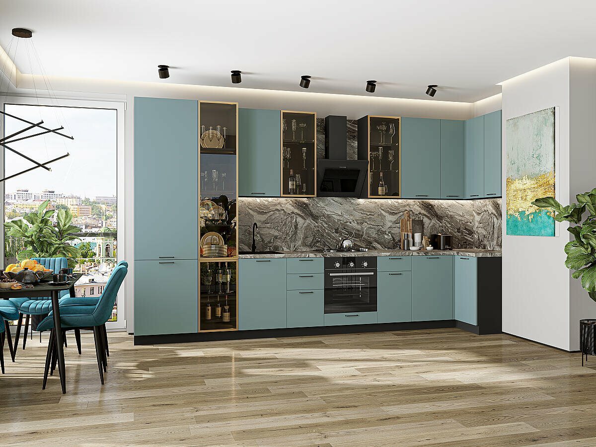 Кухня Флэт-05, цвет фасада Grey-green In 2S, цвет каркаса Graphite, 2340*4000/1000*600 мм