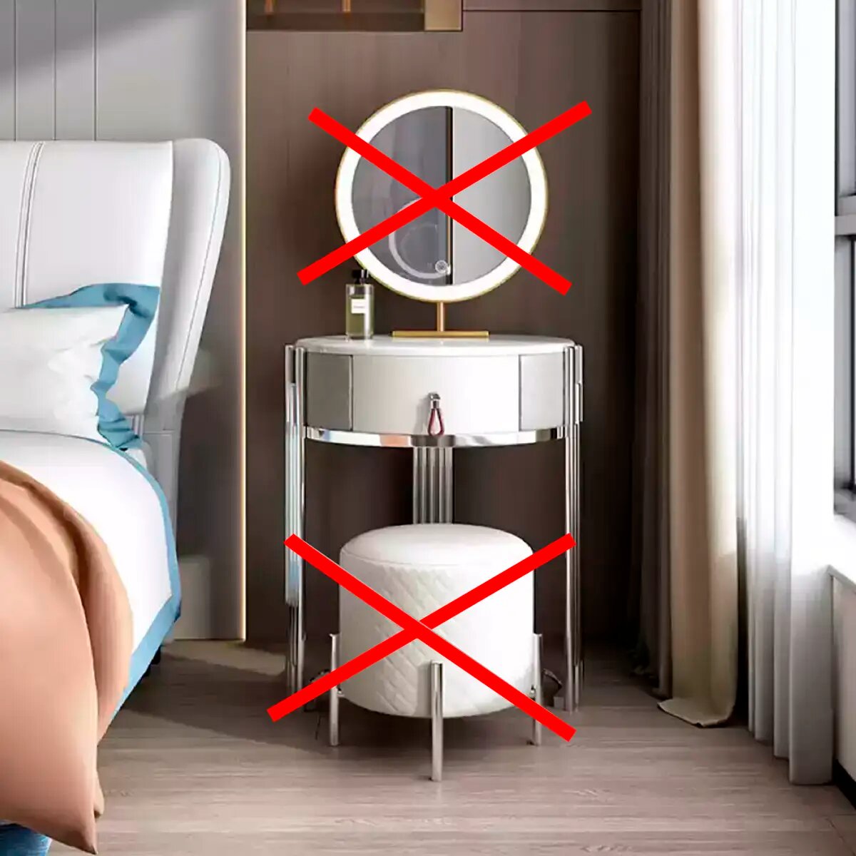 Туалетный столик круглый со столешницей из керамики Vivian (столик, без зеркала и пуфа, серебристый)