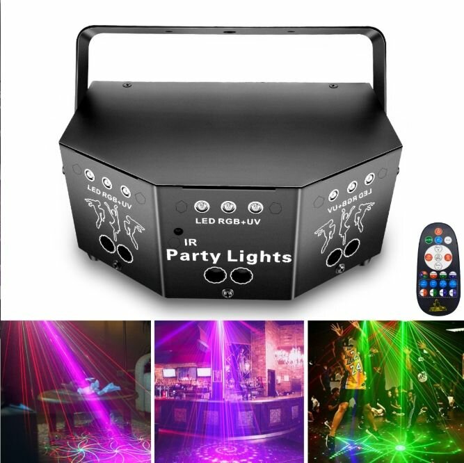 Лазерный проектор / светомузыка Party Light (RGB лазер, стробоскоп, ультрафиолет),1 шт