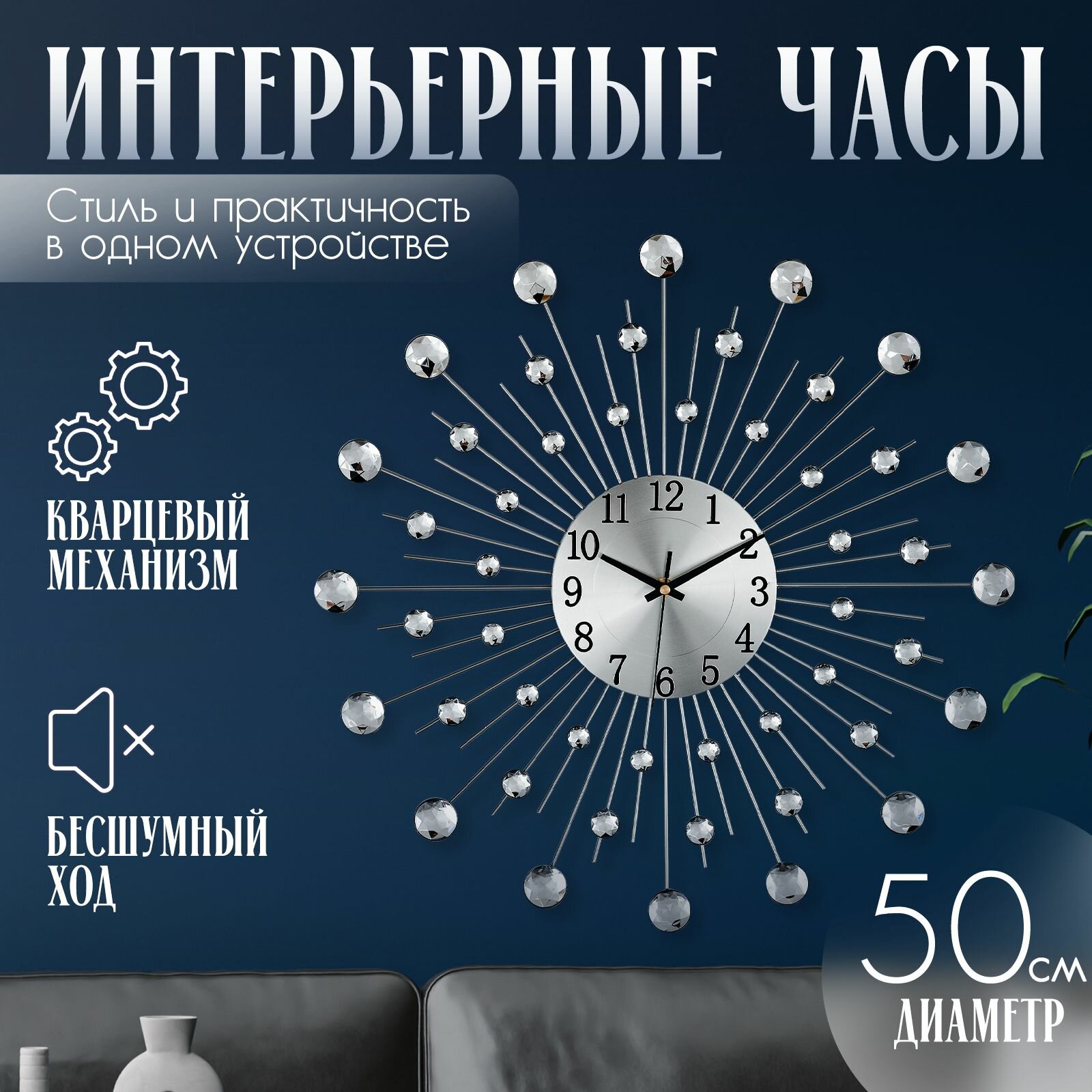 Большие бесшумные настенные часы в стиле лофт со стразами и арабскими цифрами для дома и офиса – стильный декор с кварцевым механизмом и 3D эффектом