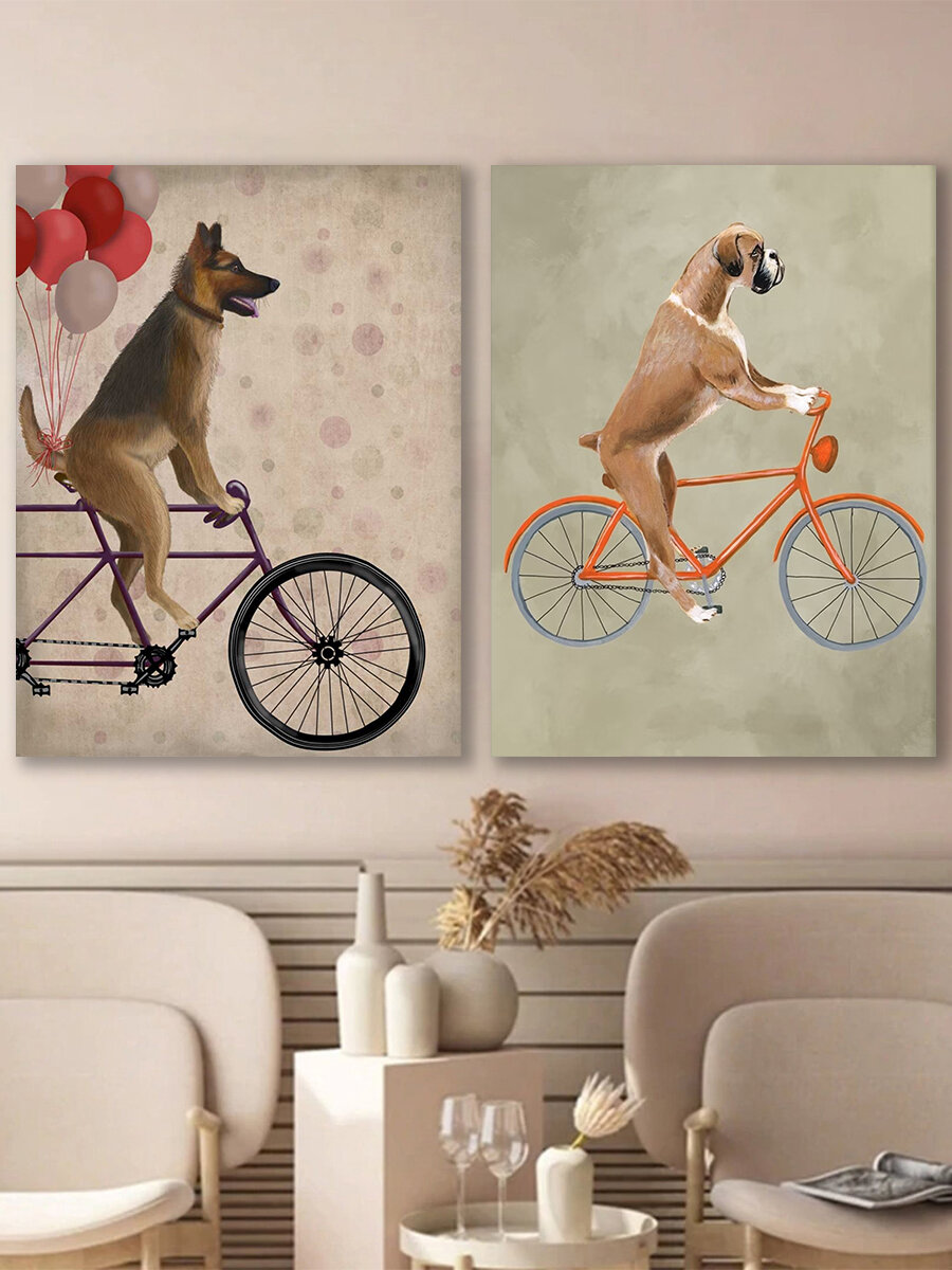 Модульные картины на стену / диптих - "Собаки на велосипеде", картина 2 шт, модуль 40х60 см