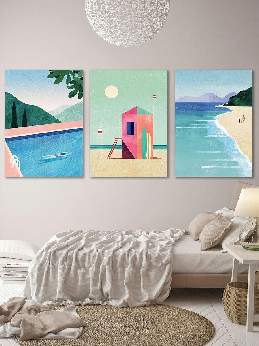 Модульные картины на стену / триптих - "Природа, минимализм горы море лес абстрактное бохо", картина 3 шт, модуль 40х90 см
