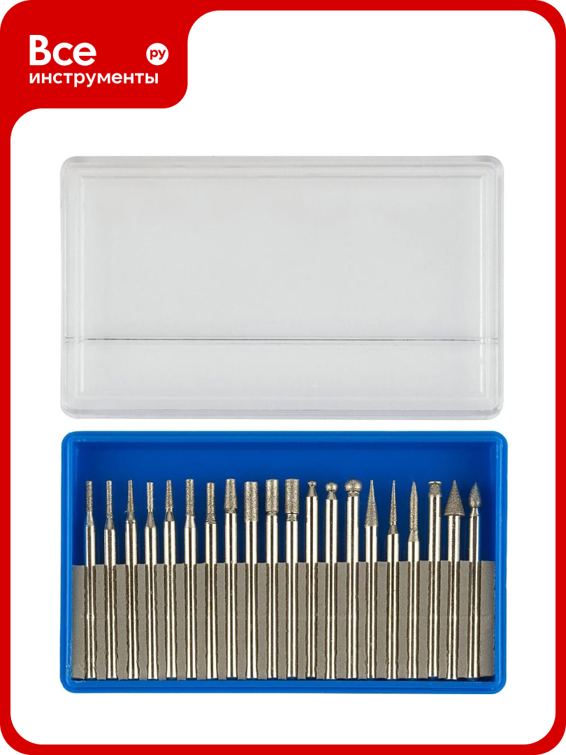 Набор мини-насадок Зубр с алмазным напылением в пластиковом боксе P 180 хвостовик диаметр 3 мм 20 предметов