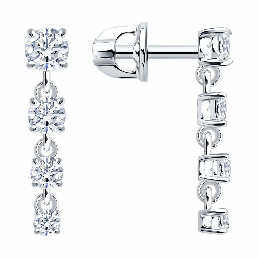 Серьги пусеты, с подвесками, белое золото, 585 проба, фианит