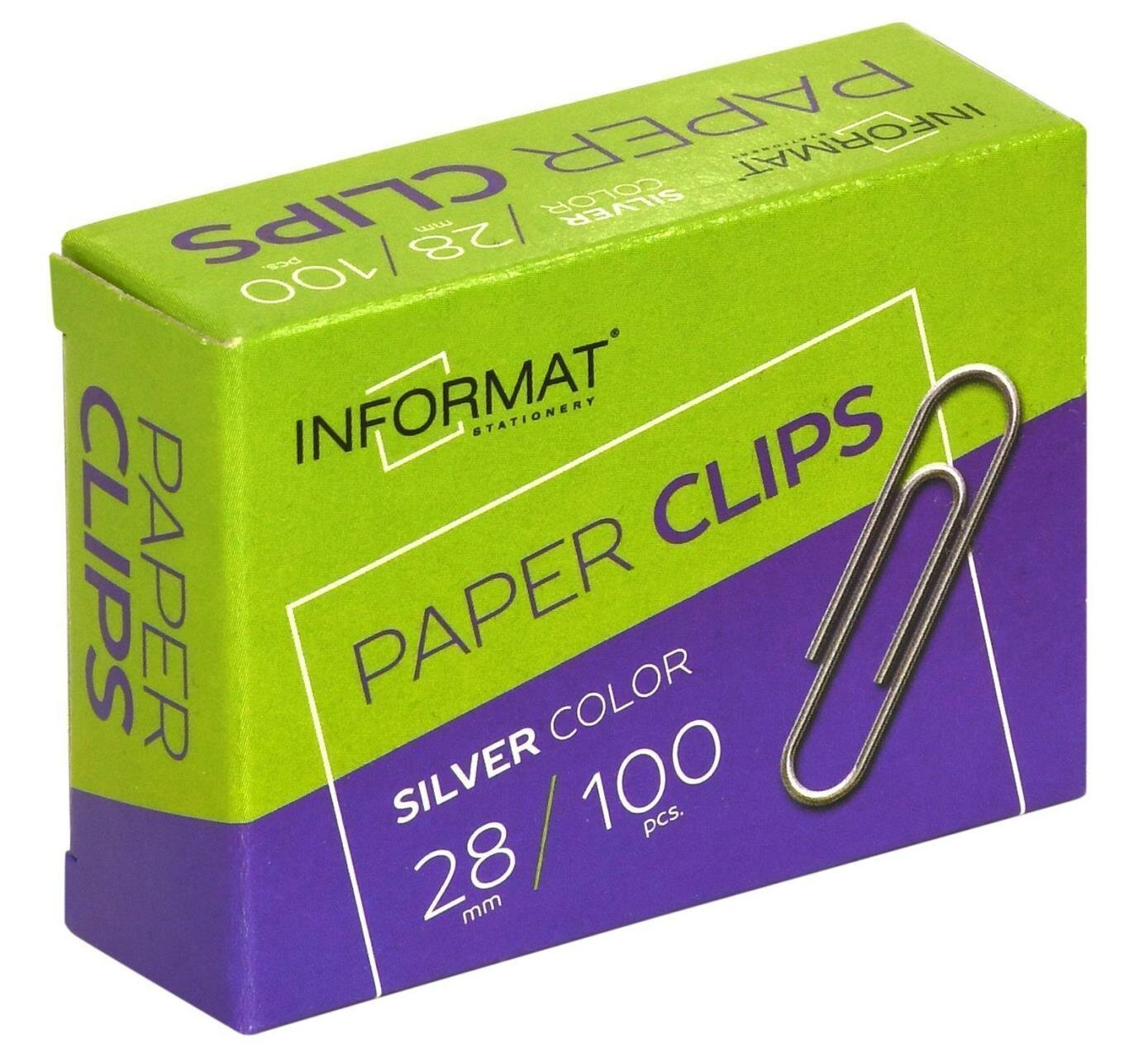 Скрепки INFORMAT 28 мм 100 шт, классические, металлические без покрытия, картонная упаковка