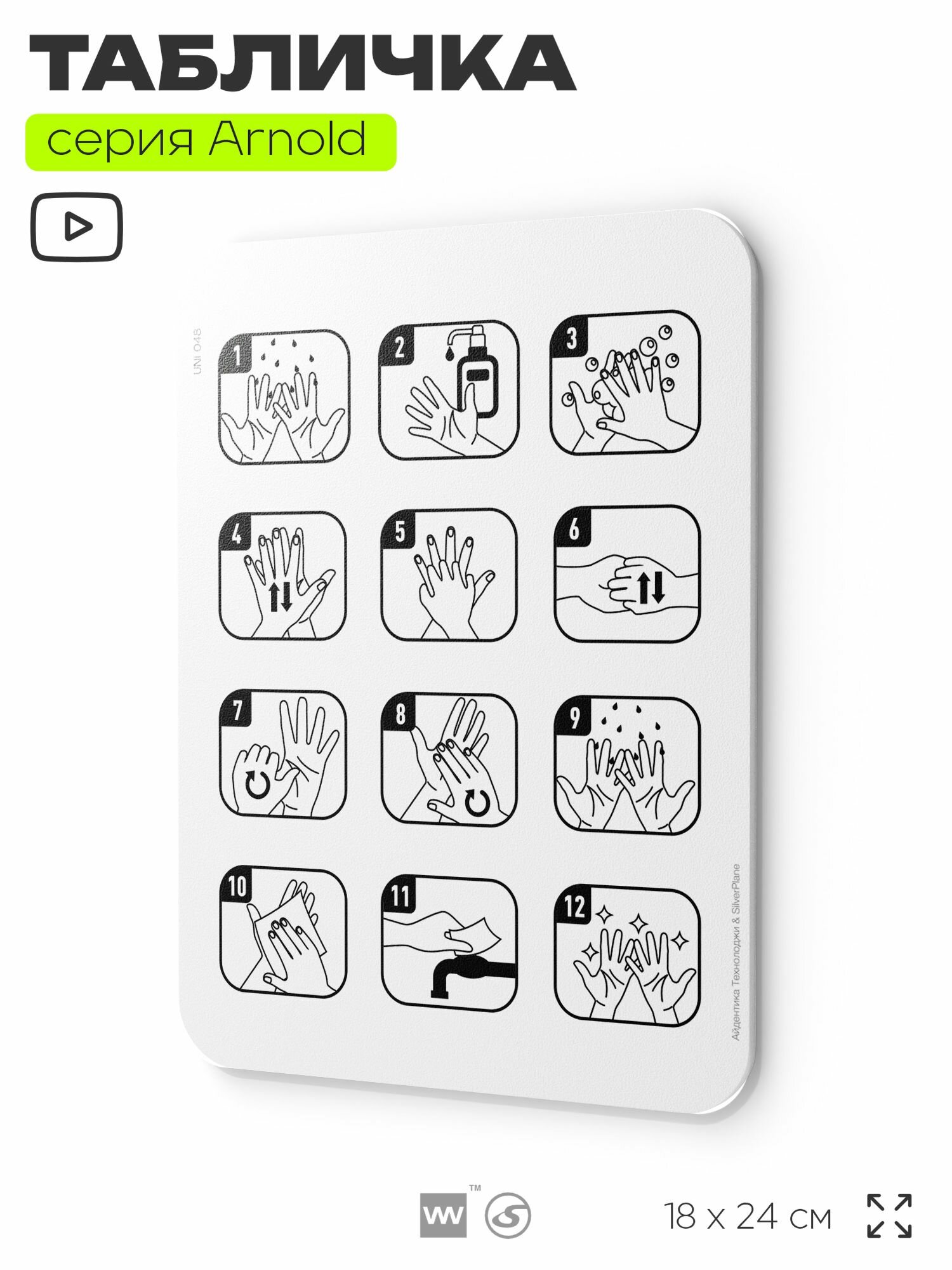 Табличка "Правильное мытье рук" на дверь и стену, для туалета, для офиса, для поликлиники, информационная, 24х18 см, Айдентика Технолоджи