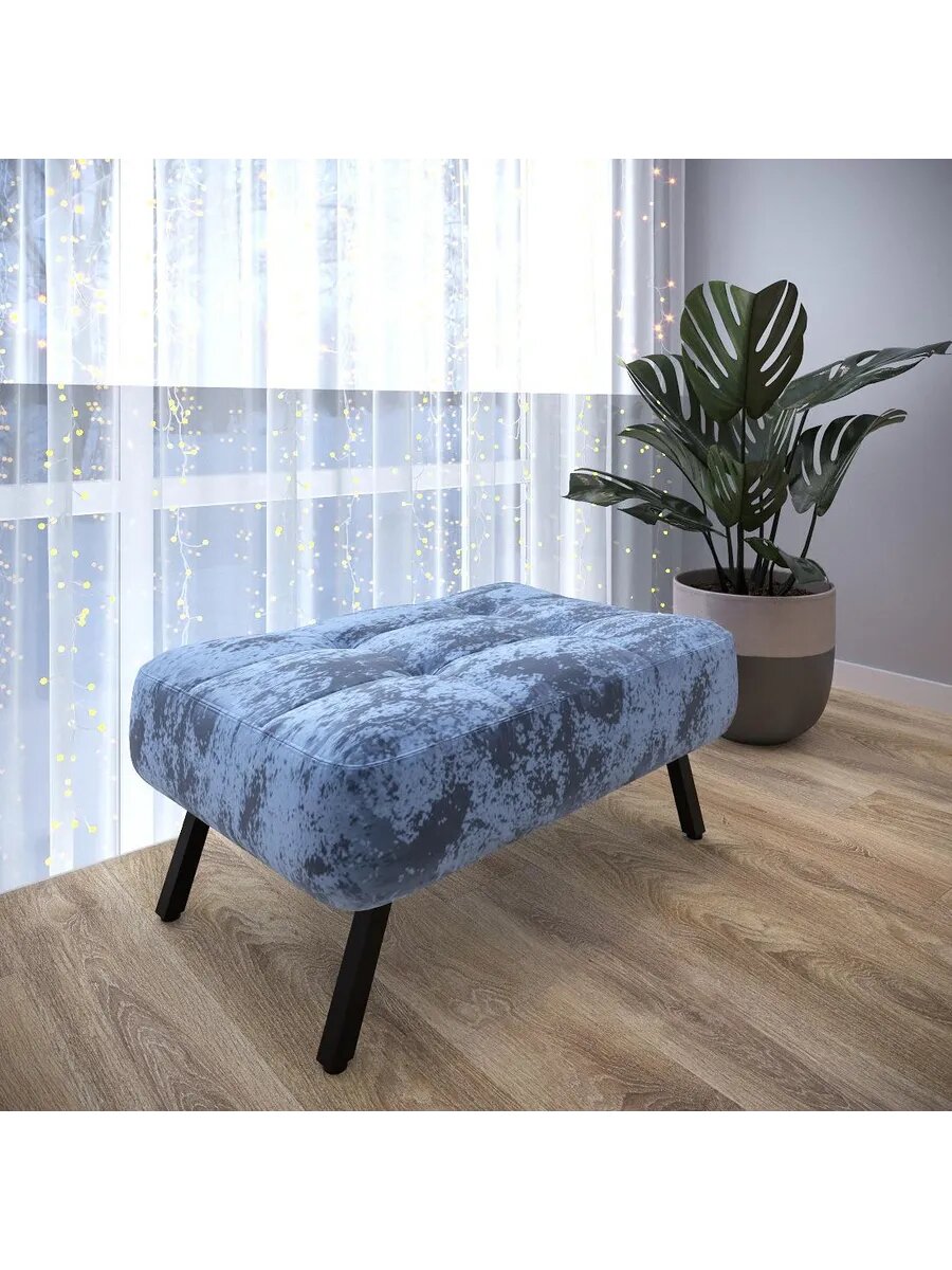 Пуфик, велюр, прямоугольный, обивка голубая с серым, 95 см х 43 см