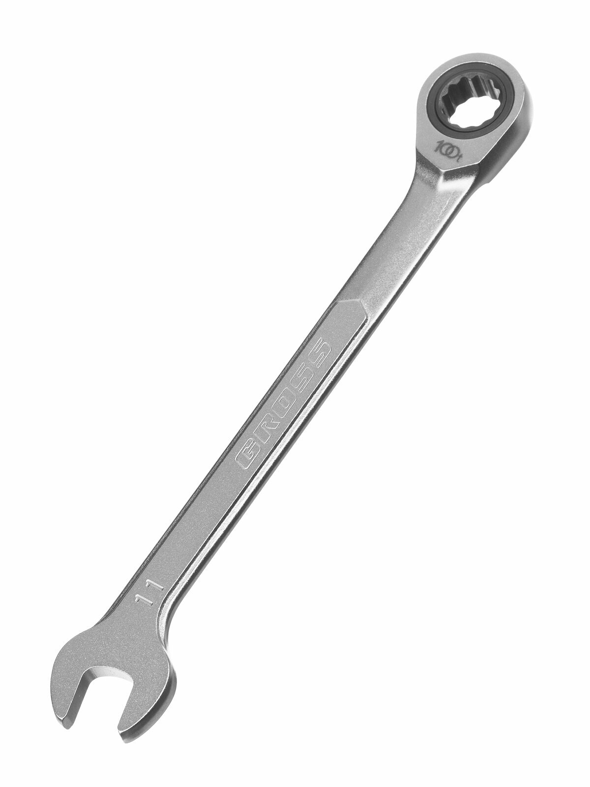 Ключ комбинированный трещоточный Gross, 11 мм, 12 граней, усиленная рожковая часть, CrV, гаечный ключ-трещетка, 14849