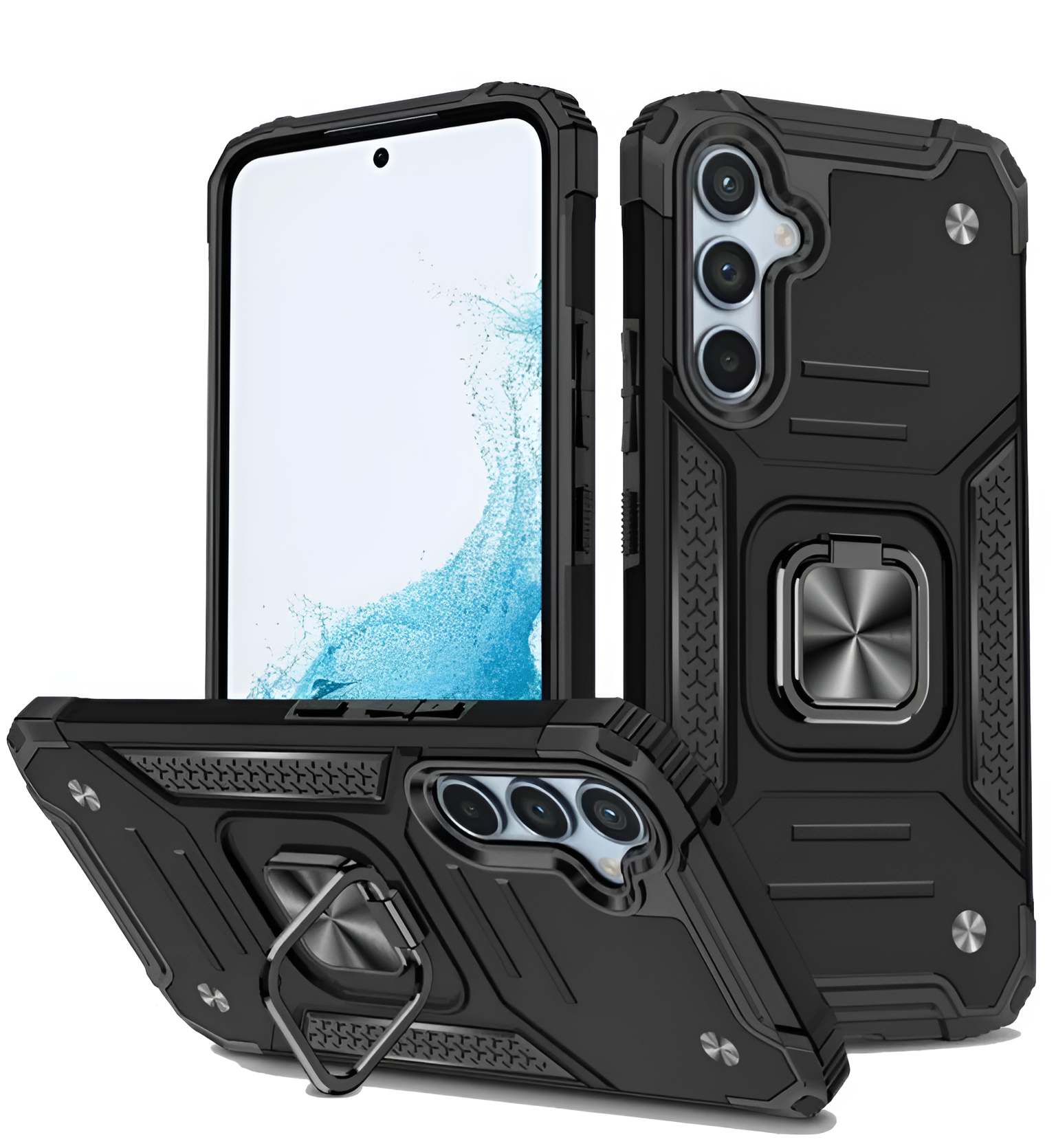 Противоударный чехол для Samsung Galaxy A54 5G черный с пластиной для магнитного автодержателя и кольцом подставкой