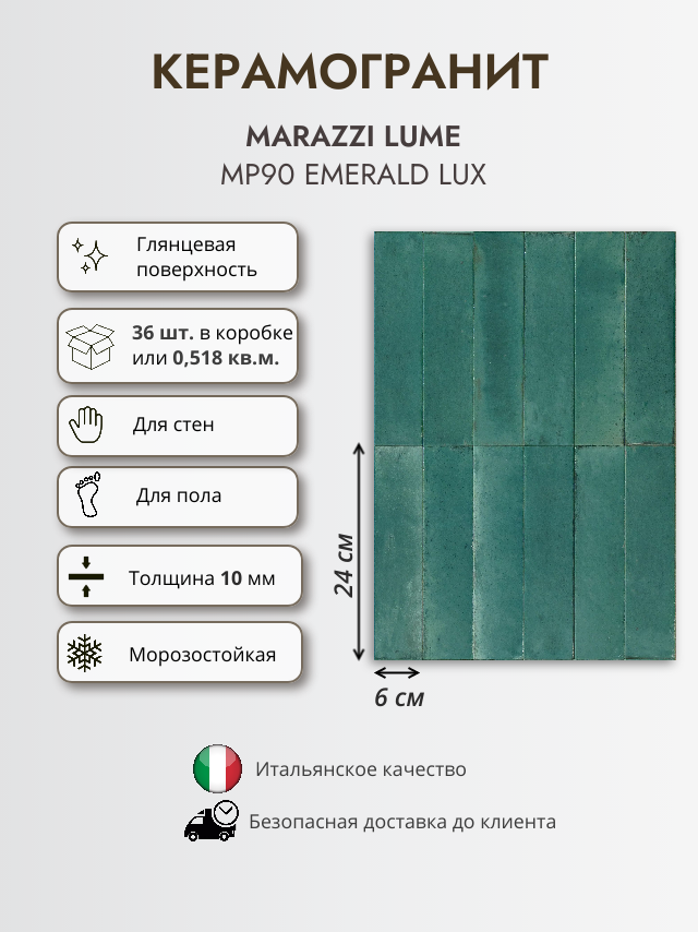 Керамогранит MARAZZI LUME MP90 Emerald LUX, 6x24 см, изумрудный глянцевый