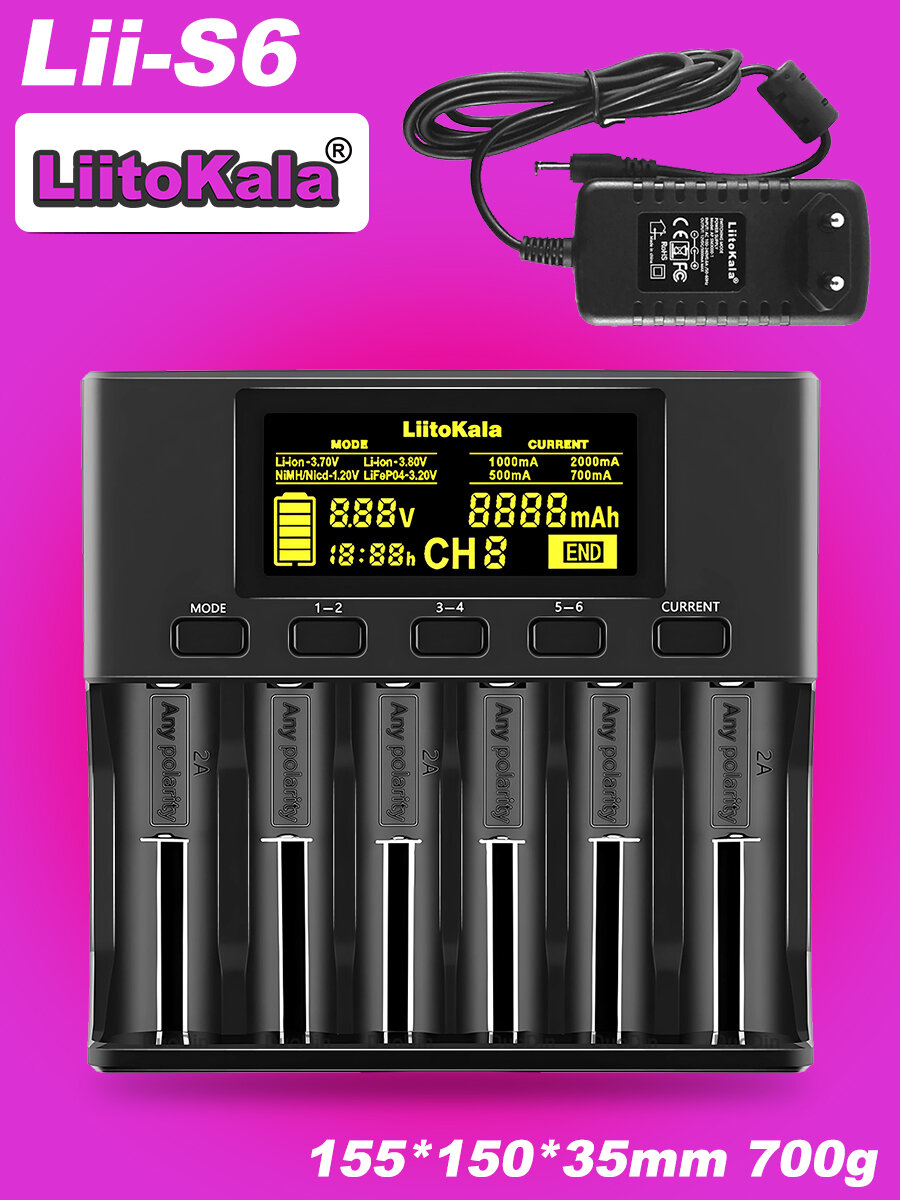 LiitoKala Lii-S6 18650 Зарядное устройство батареи 6-слот Авто-Полярность обнаруживает для батареи 26650 21700 14500 10440 16340 1,2 В 3,7 В