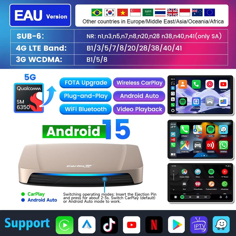 2026 Carlinkit Android 15 Беспроводной CarPlay Android Auto Ai Box Видеоадаптер 8 + 256 ГБ GPS Поддержка Youtube/Netflix TF/SD/SIM-карта