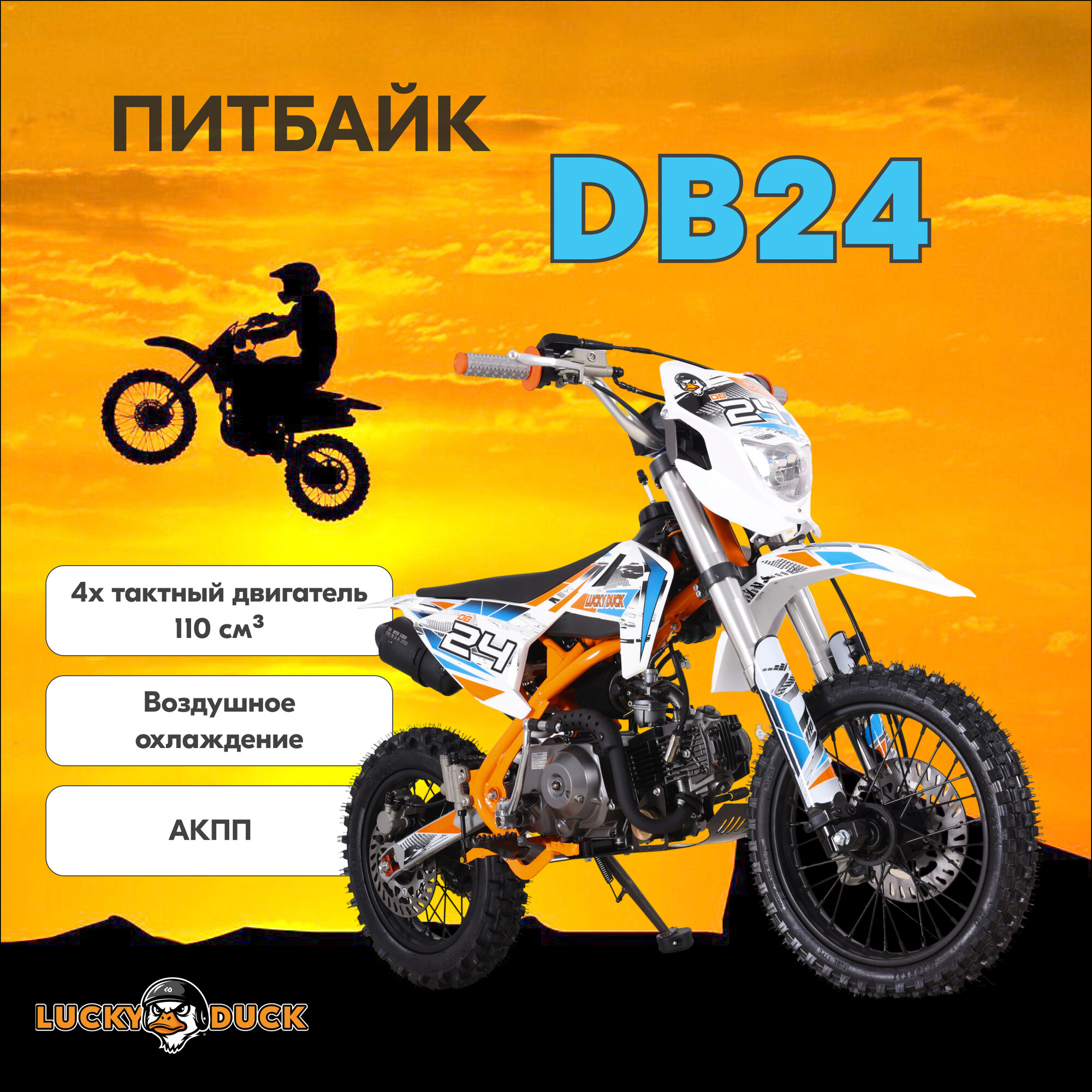 Внедорожный кроссовый мотоцикл Lucky Duck DB24, 110 куб. см, полуавтоматическая КПП, передние шины 14, задние 12