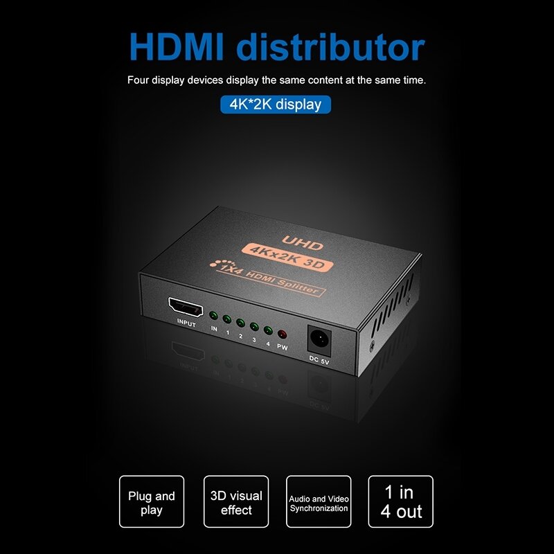 Разветвитель HDMI 4K 1X4 с 1 портом на 4 дисплея HDMI Дублирующий/зеркальный разветвитель с питанием от USB для PS5 (от одного до четырех выходов)