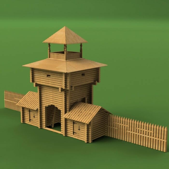1104 сборная деревянная модель Надвратная башня Зашиверского острога с частью стены-частокола, Якутия, XVII век, 1/60, СВ Модель