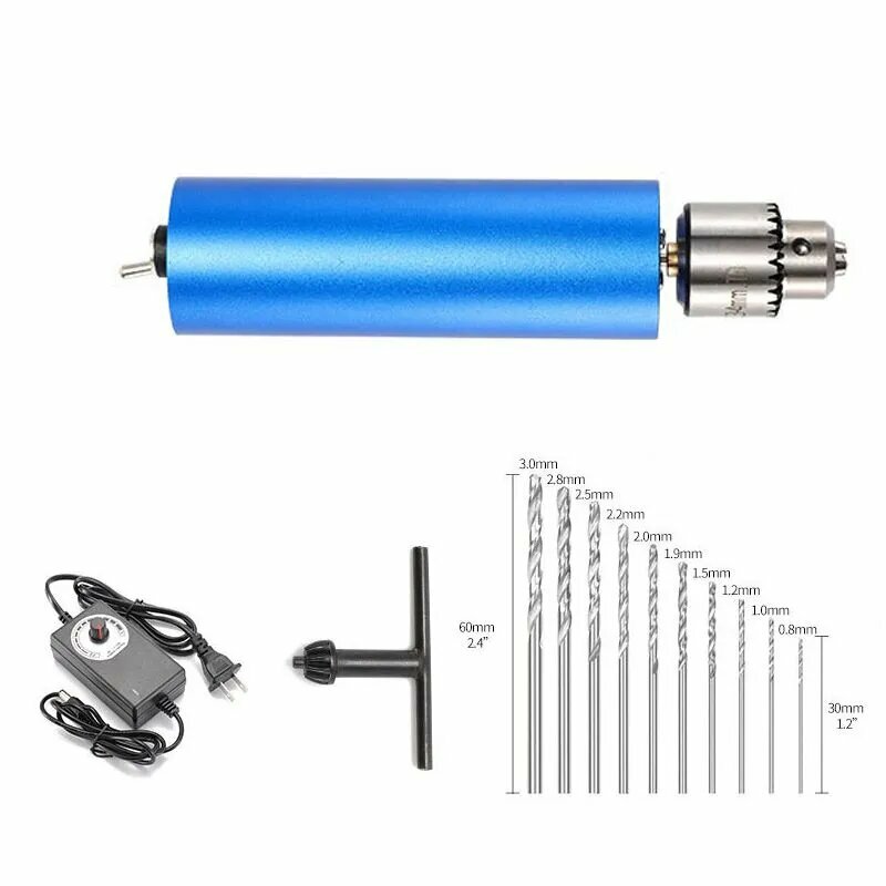 Гравер электрический 24Вт, 13000 об/мин, цанга 3мм + 10 свёрл - для гравировки, полировки, работ по металлу и дереву (светло-синий)