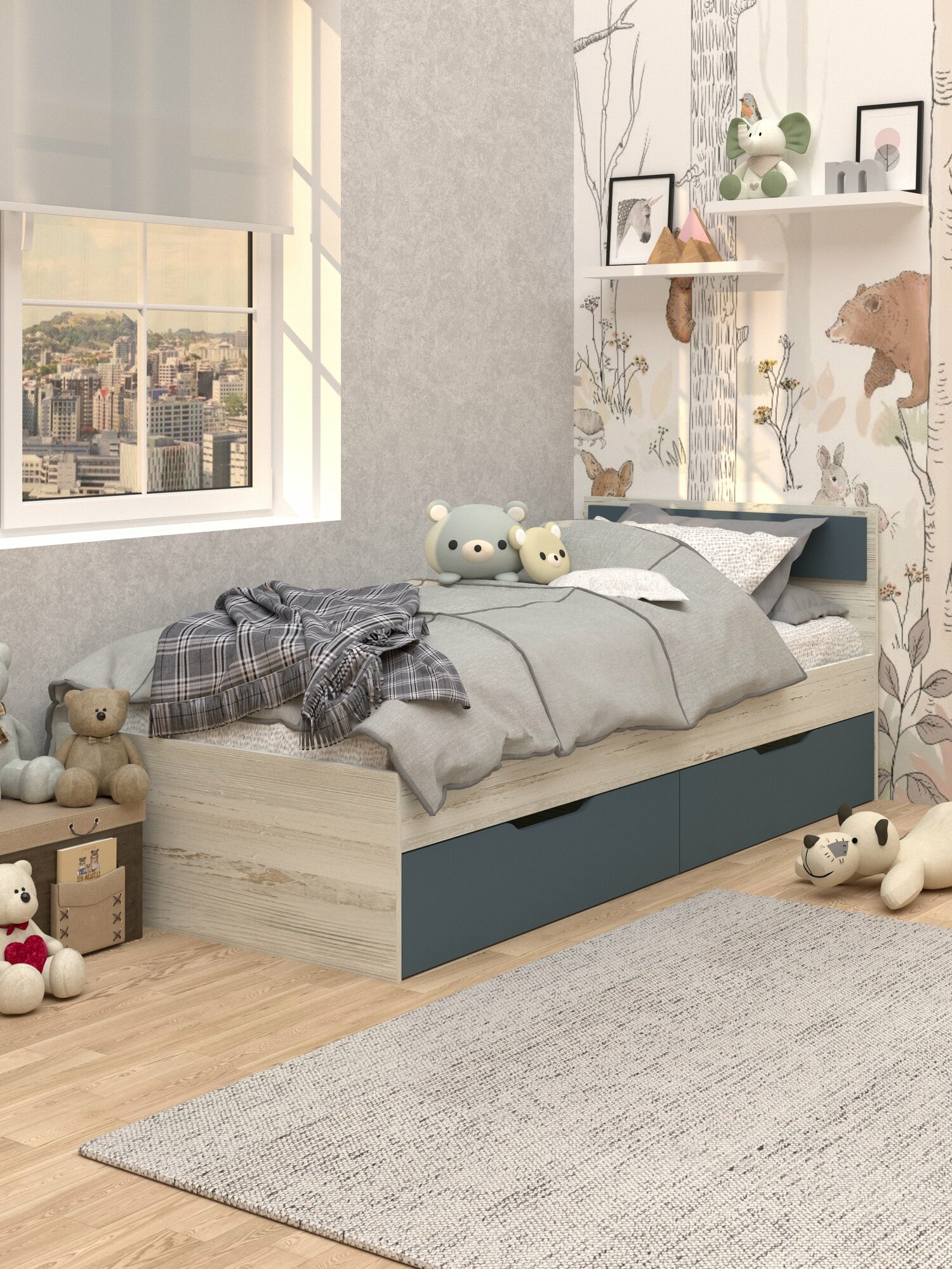 Есэндвич Монако Кровать 90х200 односпальная 203х78х93 см (Сосна винтерберг/Маренго) с ящиками