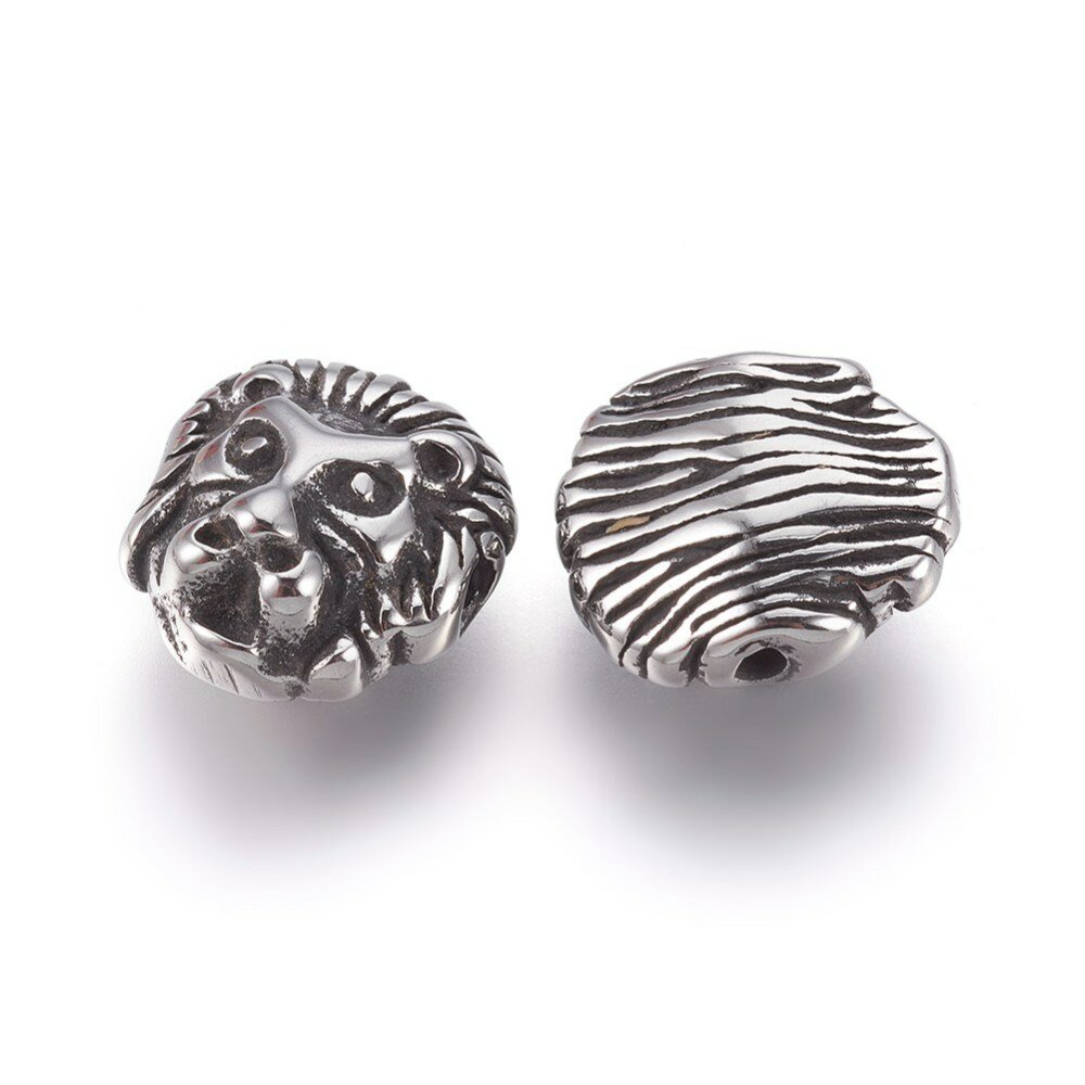 Бусина металлическая, 12х11х6мм, голова льва, базовый материал - нержавеющая сталь, без покрытия, с чернением, 1 шт.