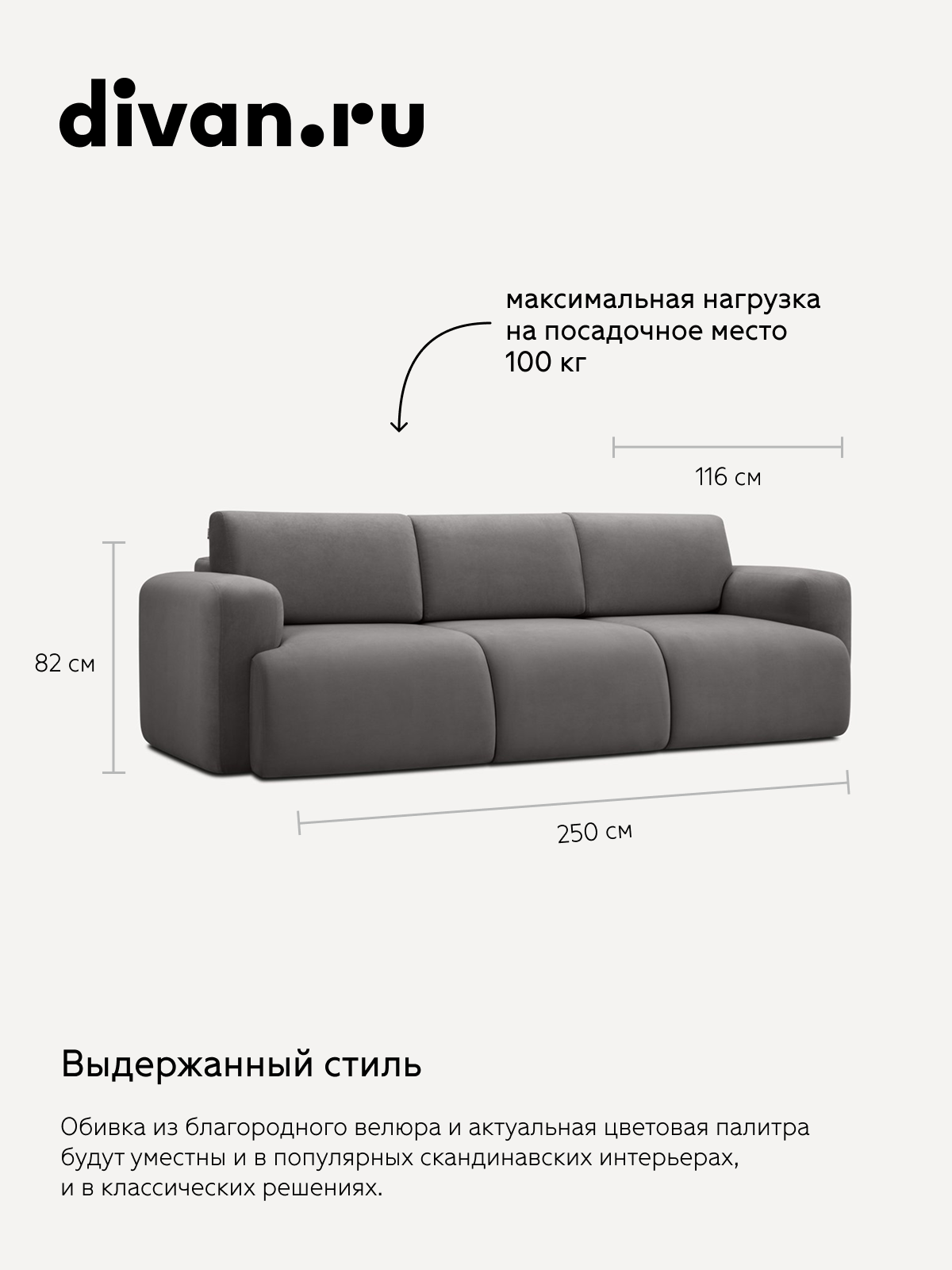 Диван-кровать раскладной Divan.ru Бонент Велюр Серый 250х116х82 см, спальное место 190х150 см, велюр, темно-серый — фото 1