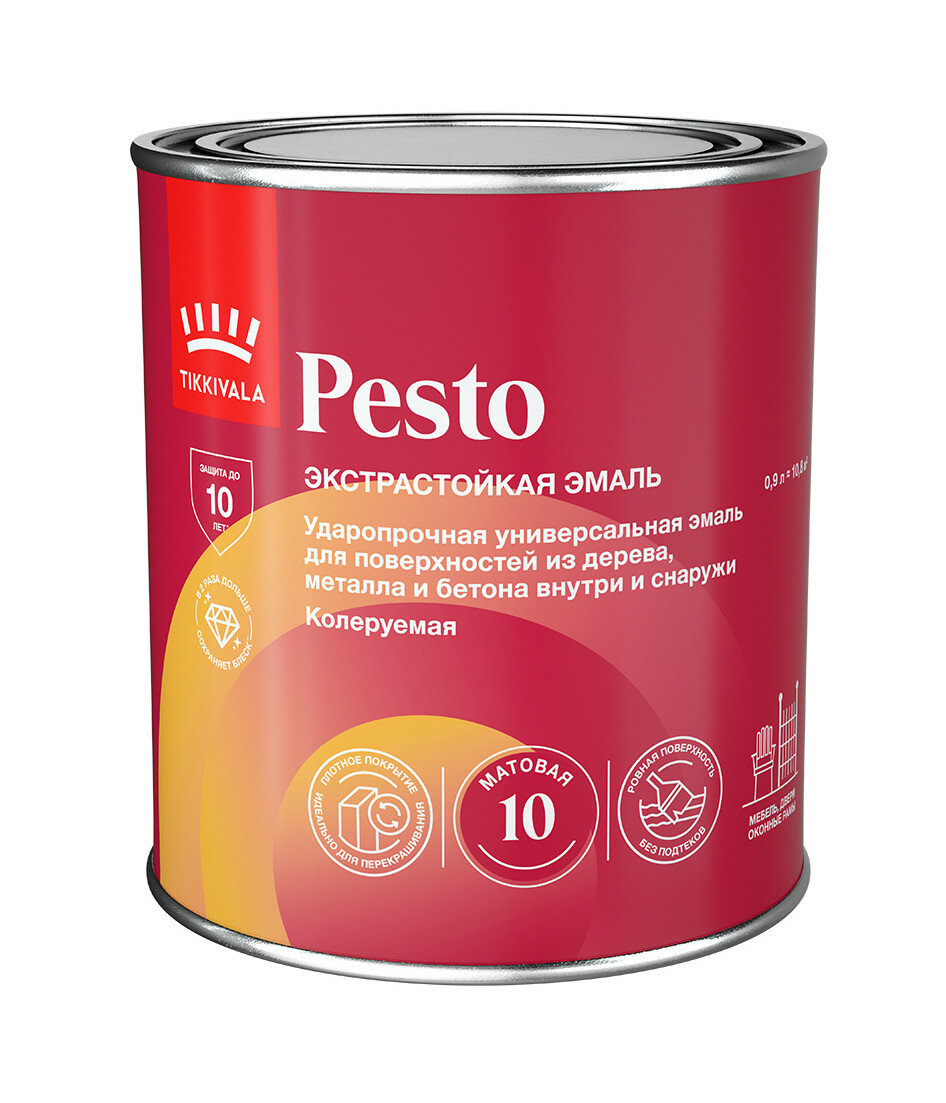 Краска Tikkurila "Pesto 10", матовая, белая, для внутренних и наружных работ, 0.9 л