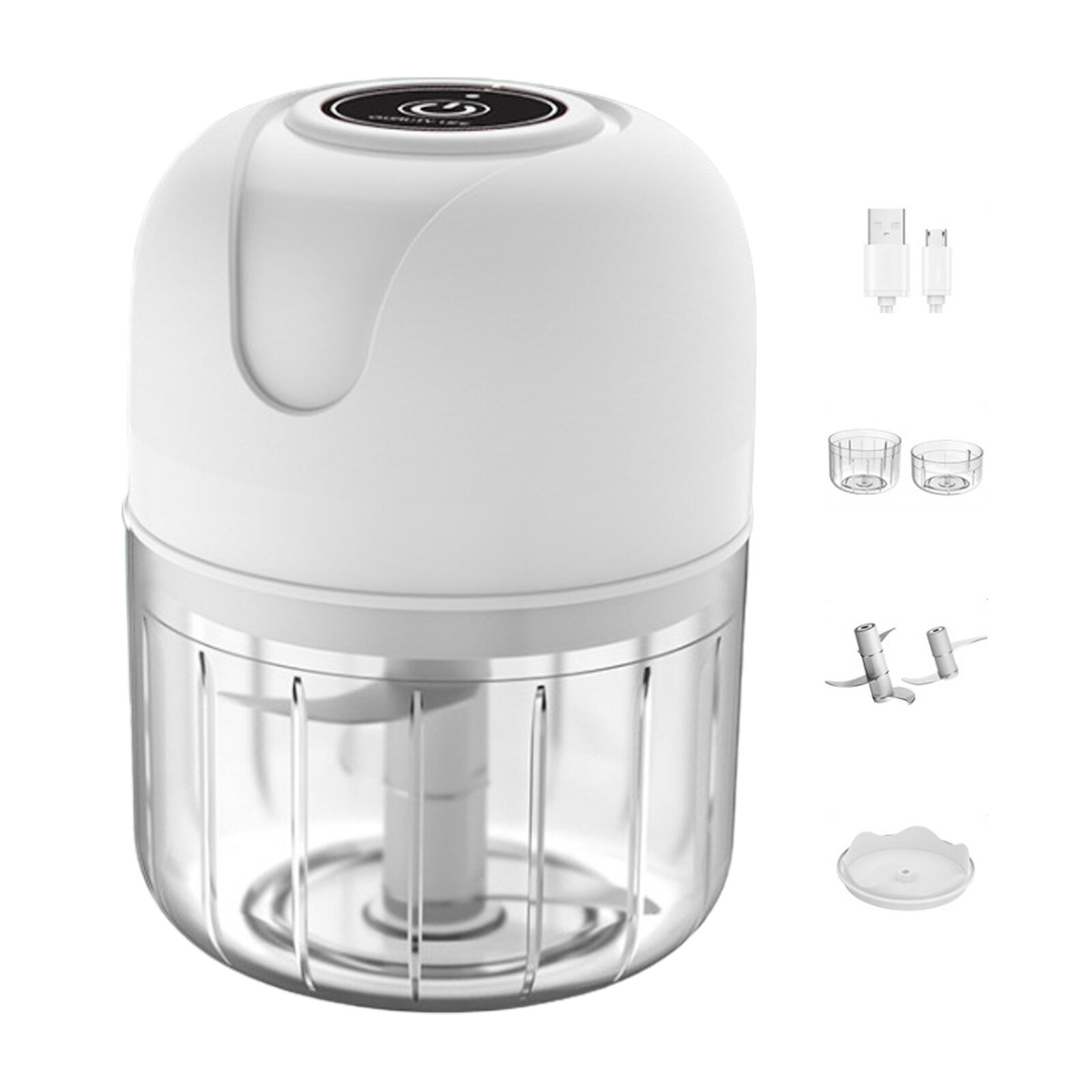 Беспроводная портативная многофункциональная электрическая измельчитель чеснока со съемными мини-дозаторами для имбиря и лука, объемом 100 мл + 250 мл, белого цвета.